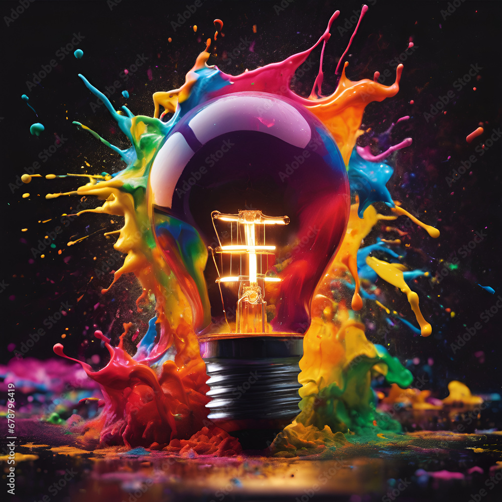 Light bulb exploding with colorful paint splashes on a black background ...