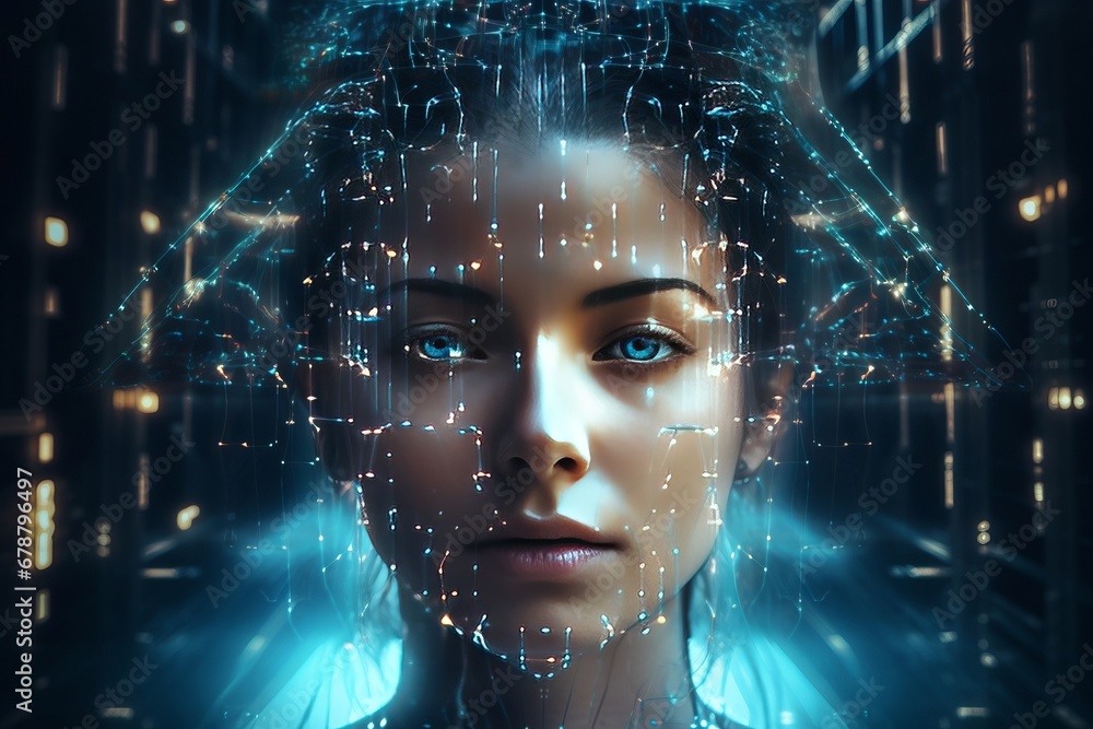 A female face with matrix digital numbers, dots, links, a hologram. The ...