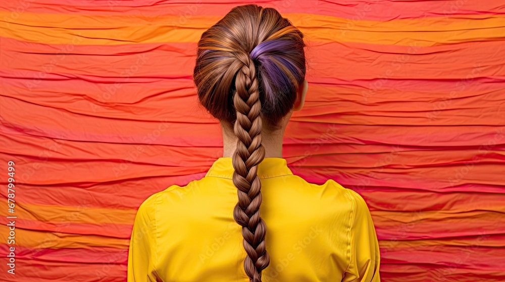 the back of a woman's head with a fishtail braid in front of a backdrop ...