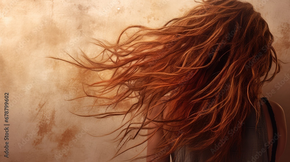 the back of a woman's head with long, red hair blowing in the wind in ...