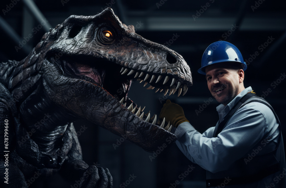 Teamwork across time, A cheerful industrial worker shares a moment with ...