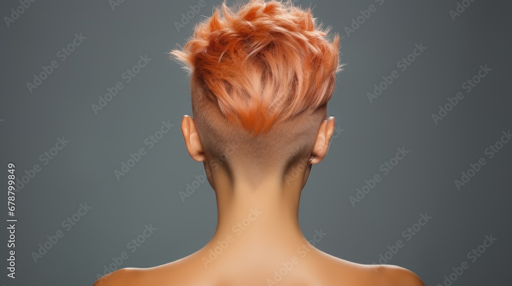 the back of a woman's head is shown with red hair and a shaved undercut ...