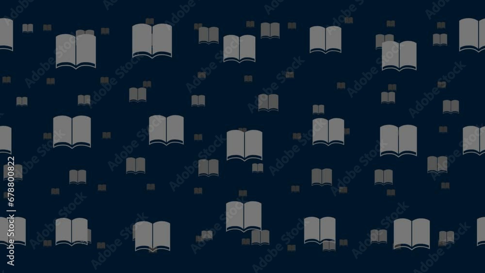 Book symbols float horizontally from left to right. Parallax fly effect. Floating symbols are ...