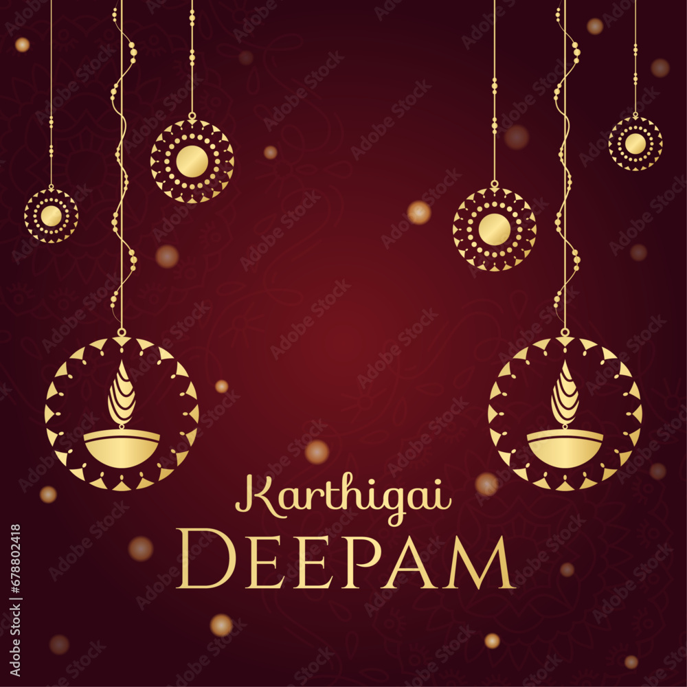 Traditional Karthigai Deepam Square background design. Hanging Diya ...