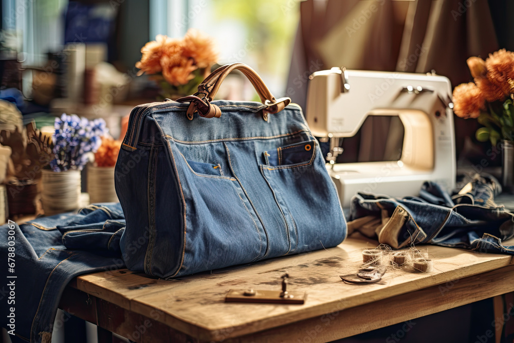 Handbags made from old jeans on a dressmaker table. DIY, denim ...
