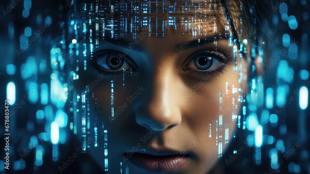 Cyberhumanoid girl robot with blue eyes and binary code represents AI ...