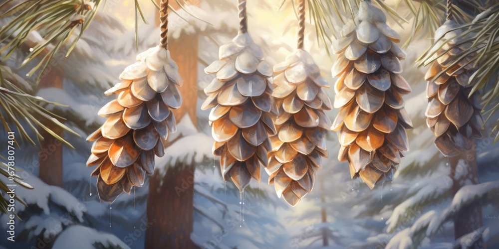 a painting of a bunch of pine cones hanging from a pine tree in a snowy ...