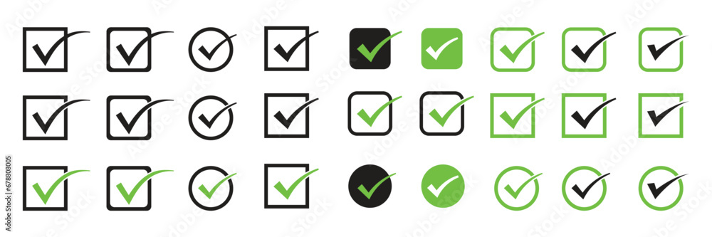 Green check mark and black check mark. Circle and square. Tick symbol ...