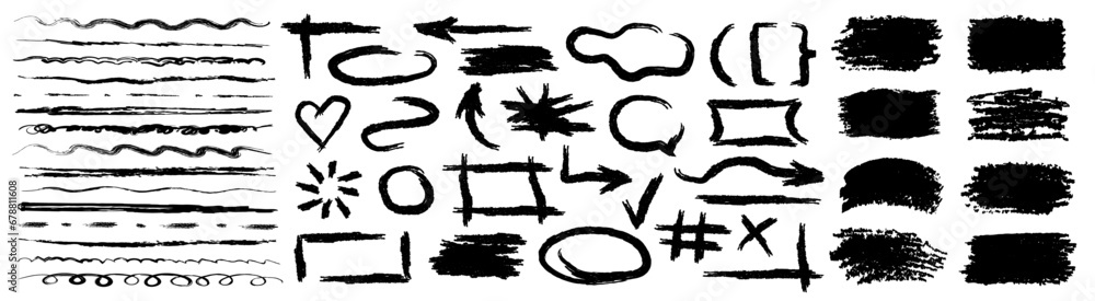 Collection of black raw textured sketch elements on white background ...