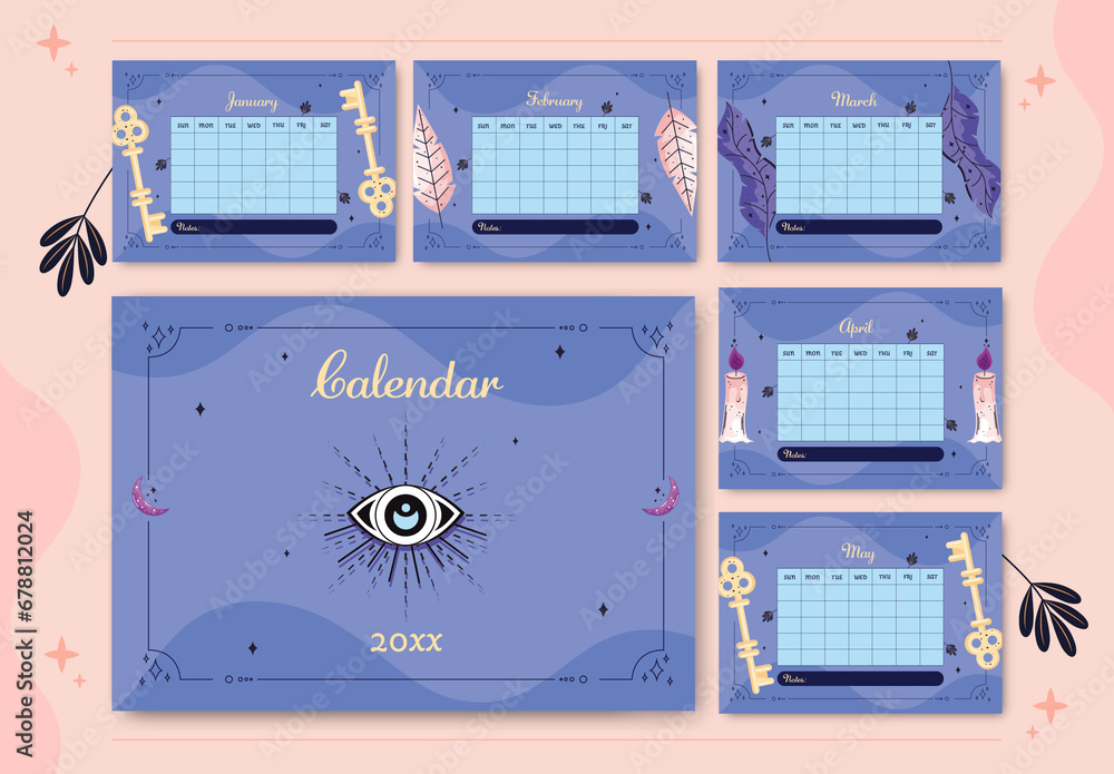 Purple and Beige Mystical Calendar Set Boho Aesthetic Design Stock ...