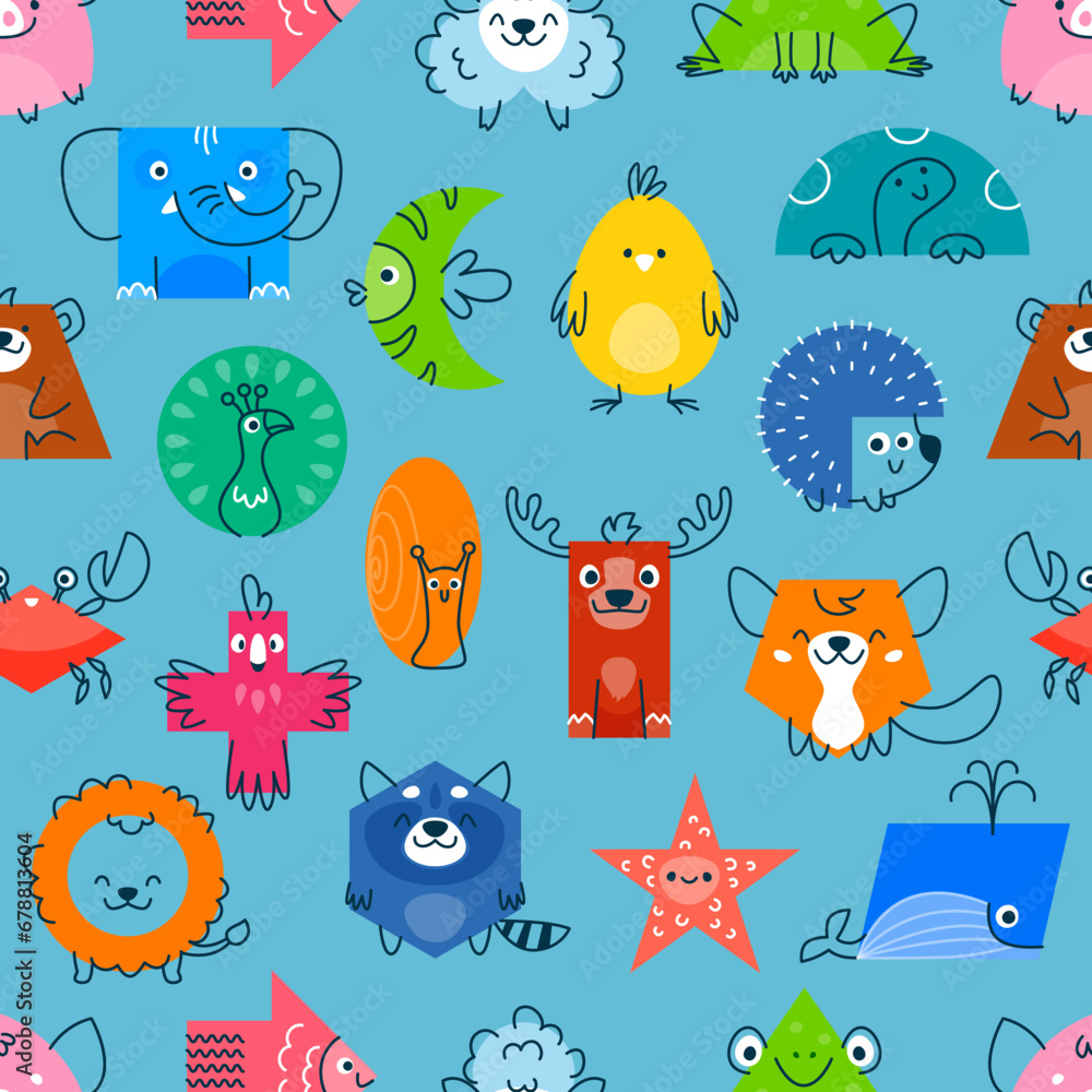 Cartoon animal characters with math shapes seamless pattern. Wallpaper ...