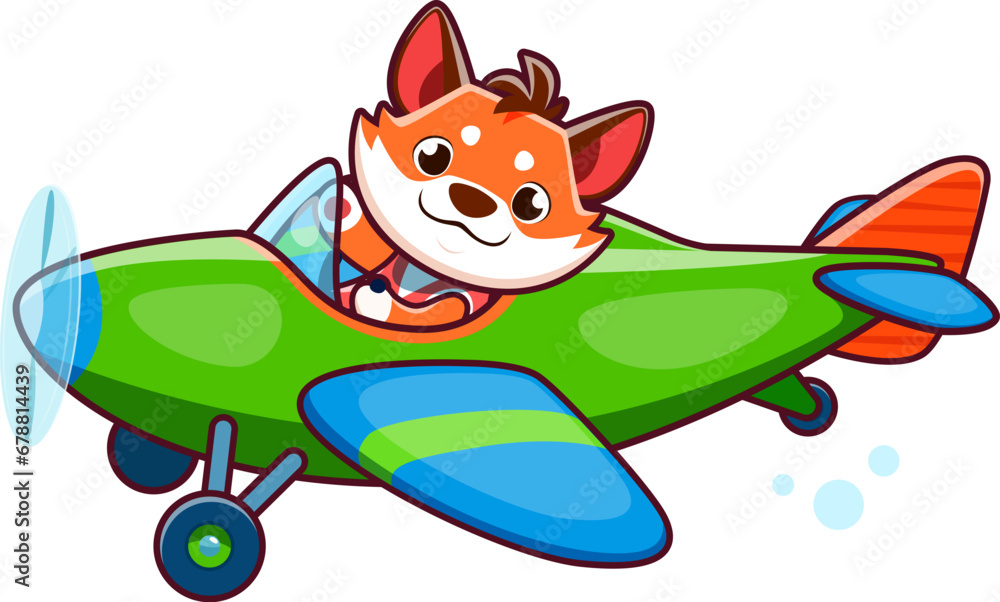 Cartoon fox animal character on plane. Adorable animal child flying on ...