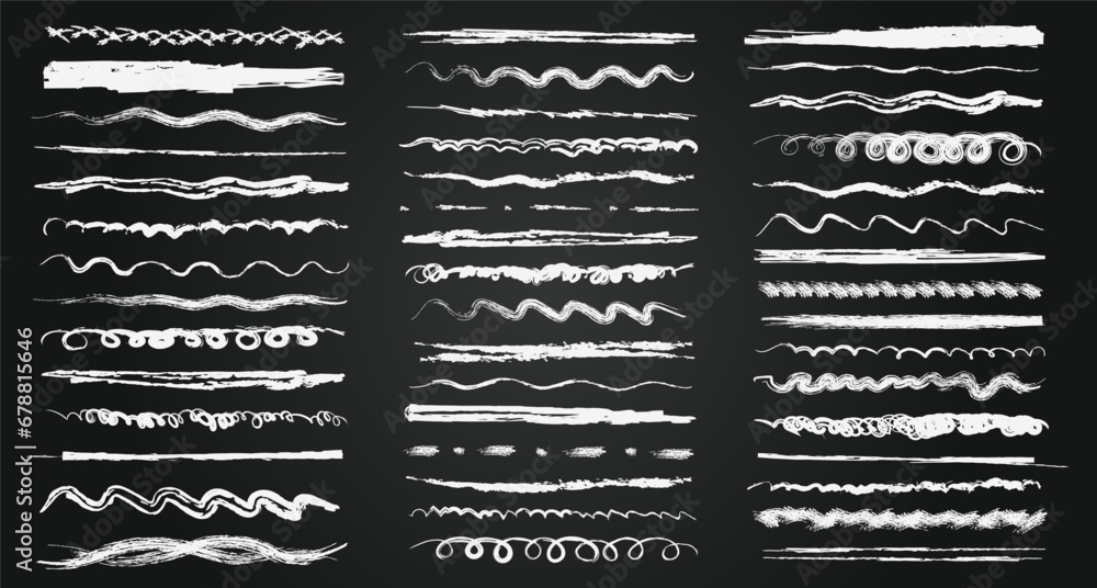 Big collection of various hand drawn sketchy white chalk lines, underlines, scribbles, dividers ...