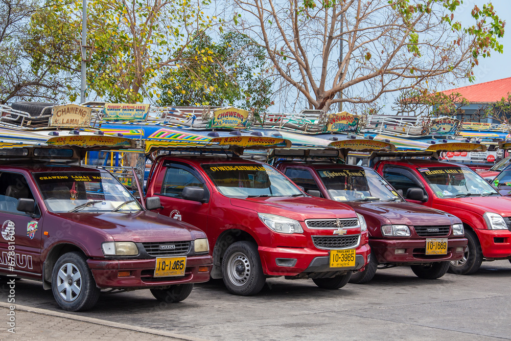 Songthaew pick-up truck at Nathon pier in Koh Samui. Thailand Stock ...