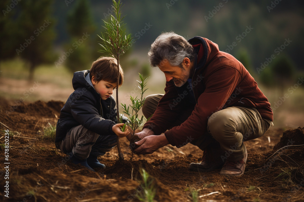 Young father teaching his son the value of nature and environmental ...