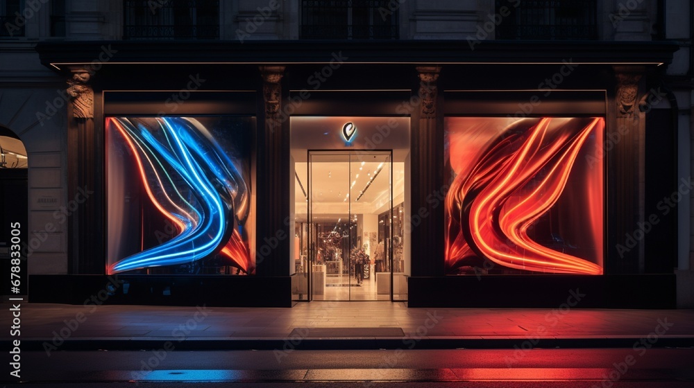 A luxury brand's flagship store with a fa? section ade of dynamic neon ...