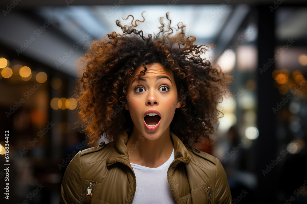 Shocked young woman with curly hair shows a dramatic expression of ...