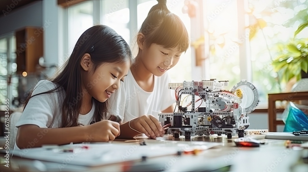 Teenager students doing robot arm homework project in house disassemble ...