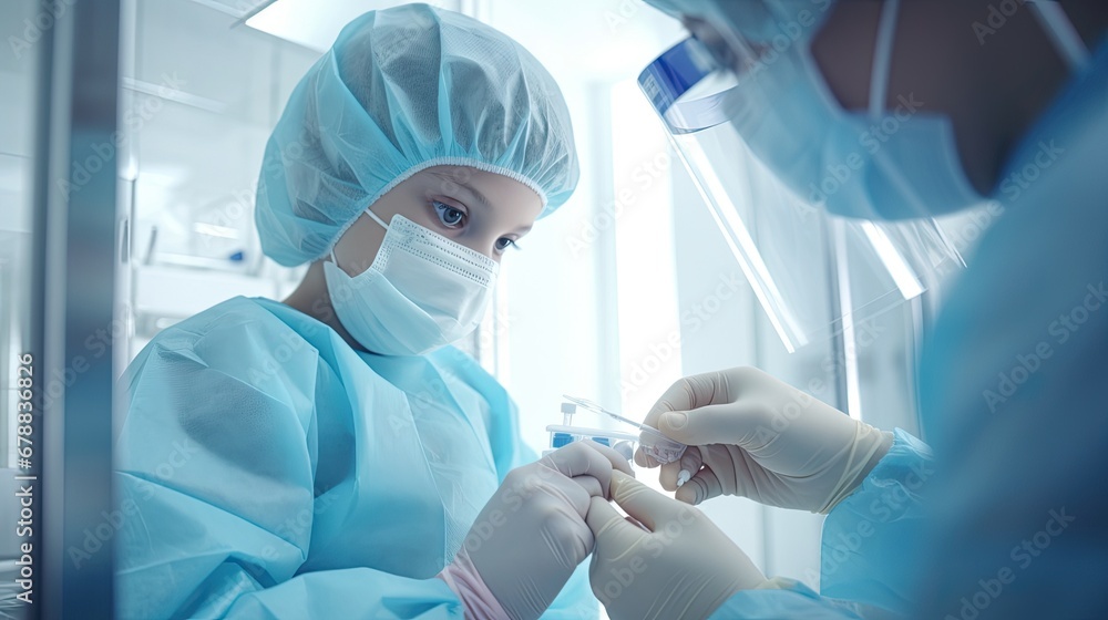 Vaccination. Professional doctor in blue sterile gloves holding syringe ...