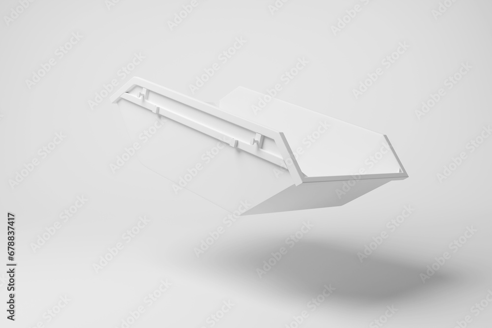 White construction skip floating in mid air on white background in ...