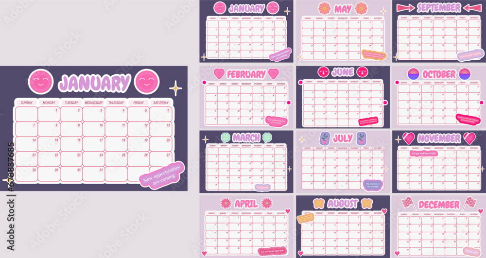 2024 year calendar template. Business, personal planner. 12 month pages ...