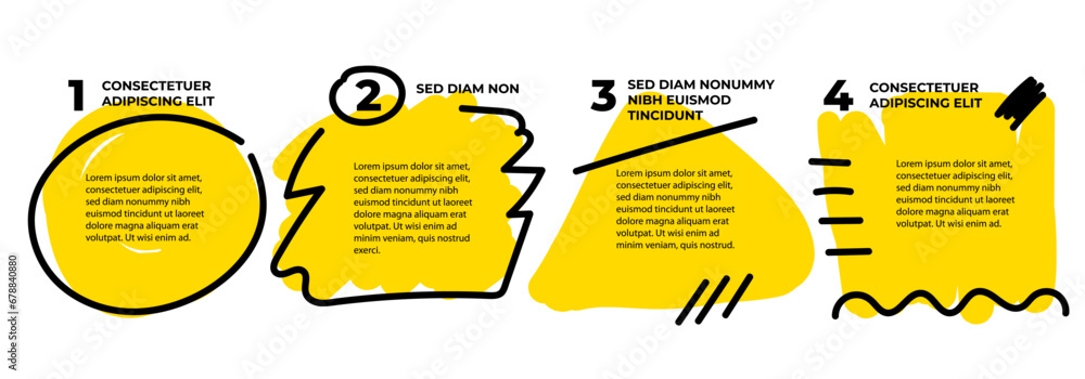 Vetor de 4 steps infographic with hand drawn text box. Step by step instruction. Empty way ...