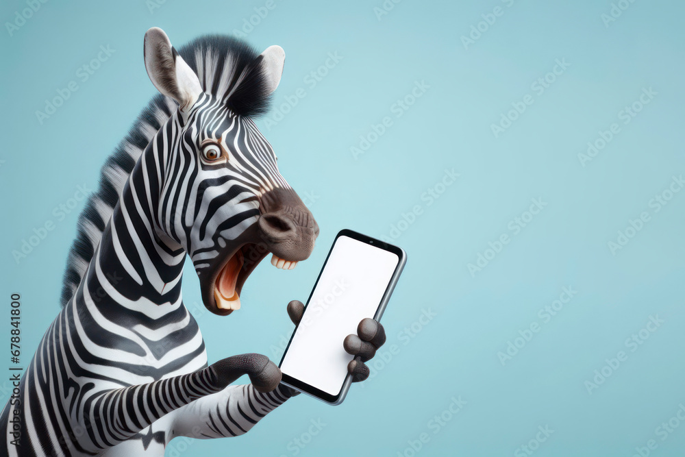 Shocked zebra holding smartphone with white mockup screen on solid ...