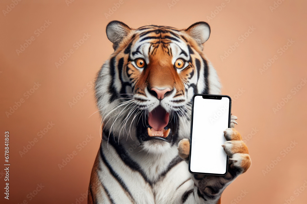 Shocked tiger wearing holding smartphone with white mockup screen on ...