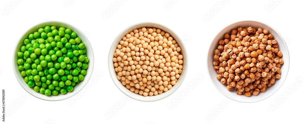 Green peas, soy beans and tiger nuts on three white bowls. Top view ...