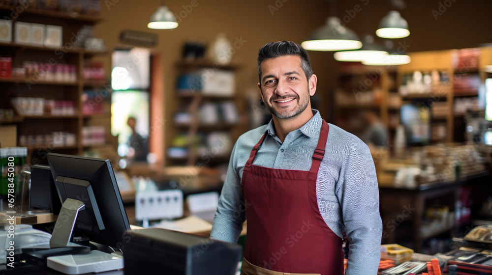 A smiling male cashier in a retail grocery store stands at the checkout ...