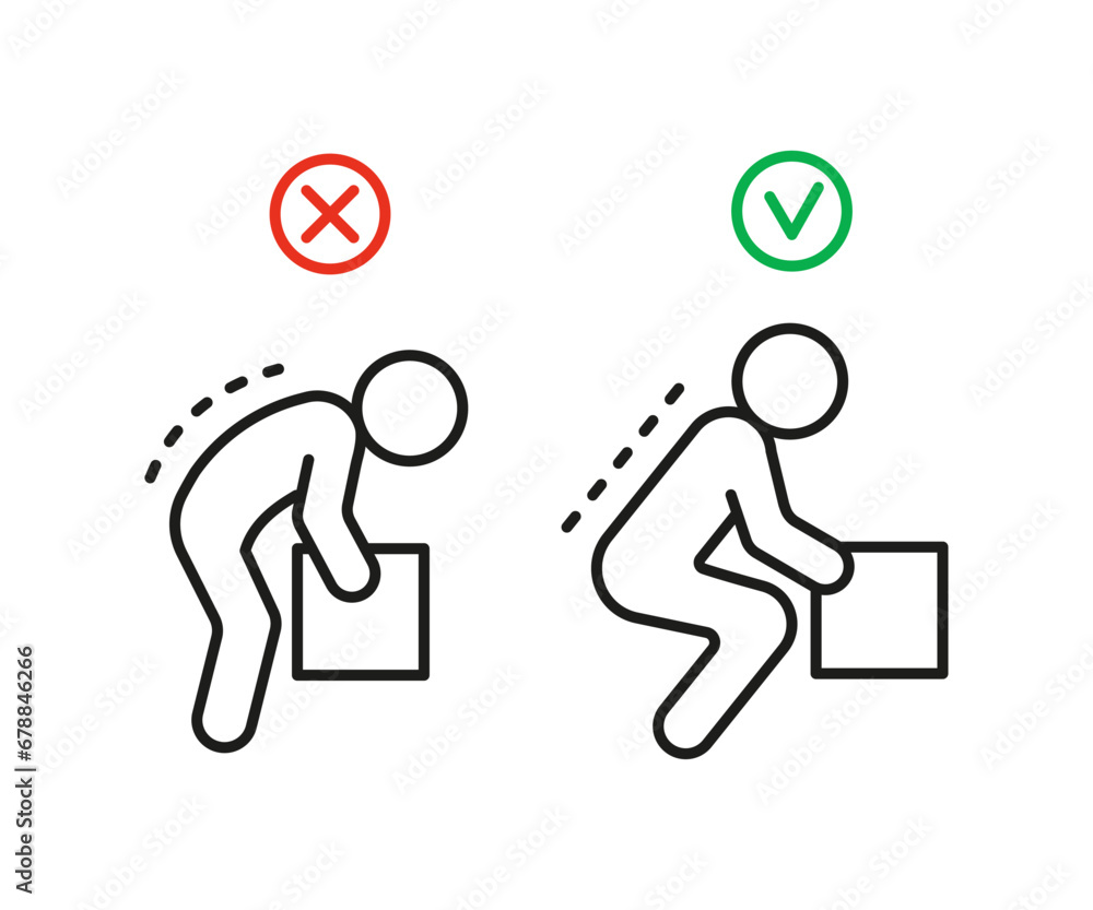 Posture for lift box, ergonomic work of person, line icon. Lifting ...