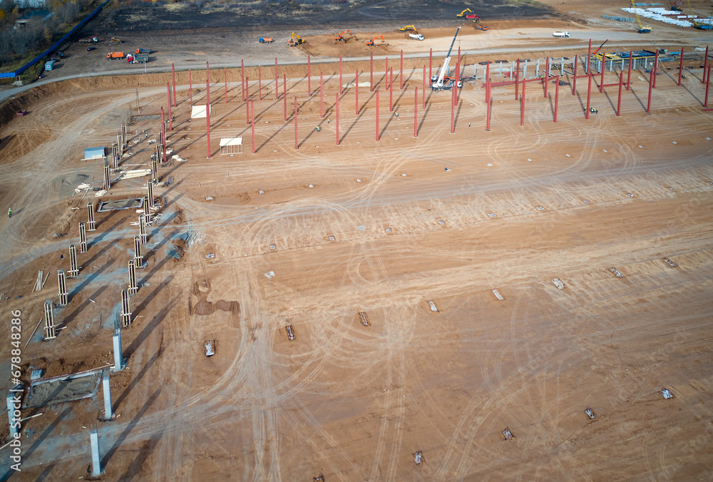 Panoramic view of the construction site with piles, pile foundations ...