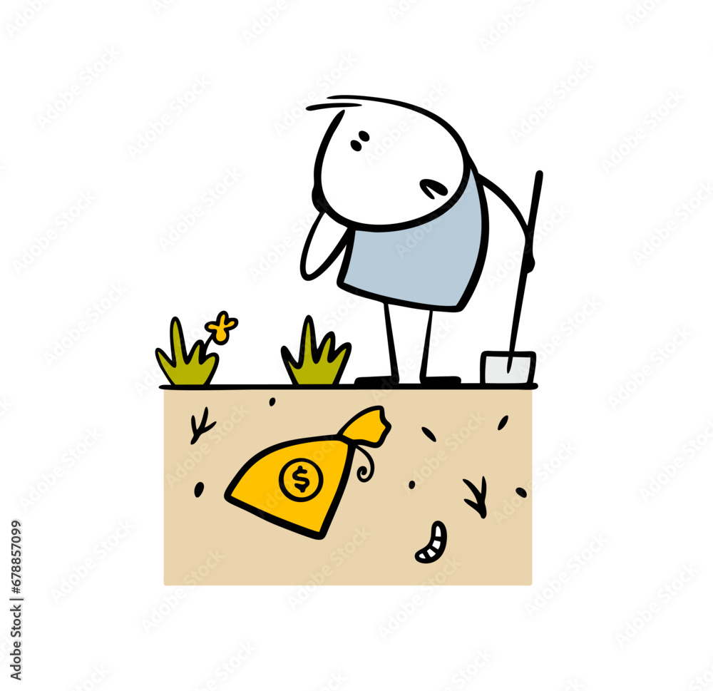 Confused cartoon stickman stands over bag of money with shovel and does ...