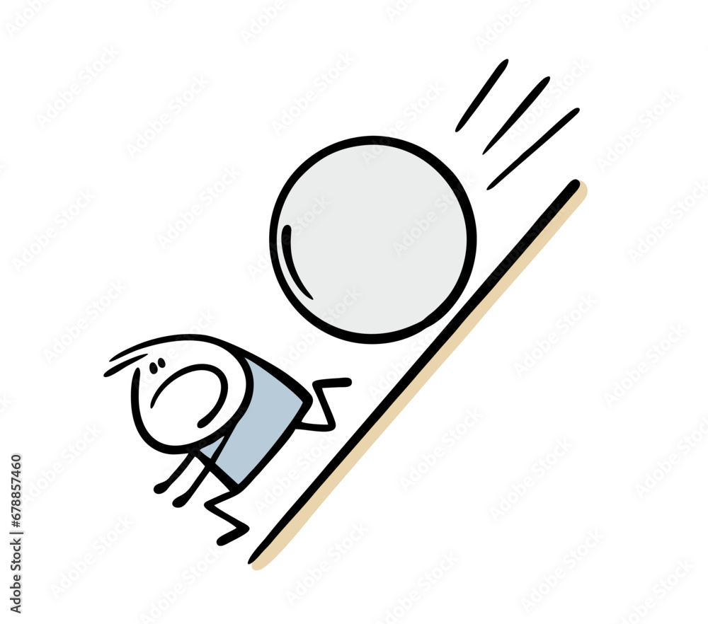 Cartoon frightened stickman in horror and panic runs down the inclined ...