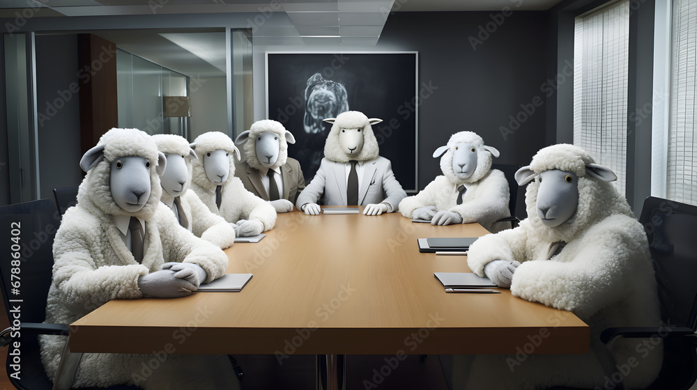 Group of sheep sitting in a meeting room and work together in a modern ...