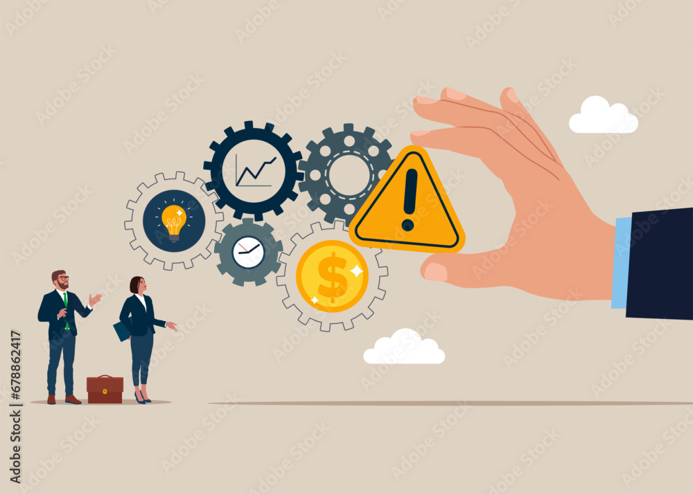 Hand giving exclamation attention sign. Optimize cost and eliminate ...