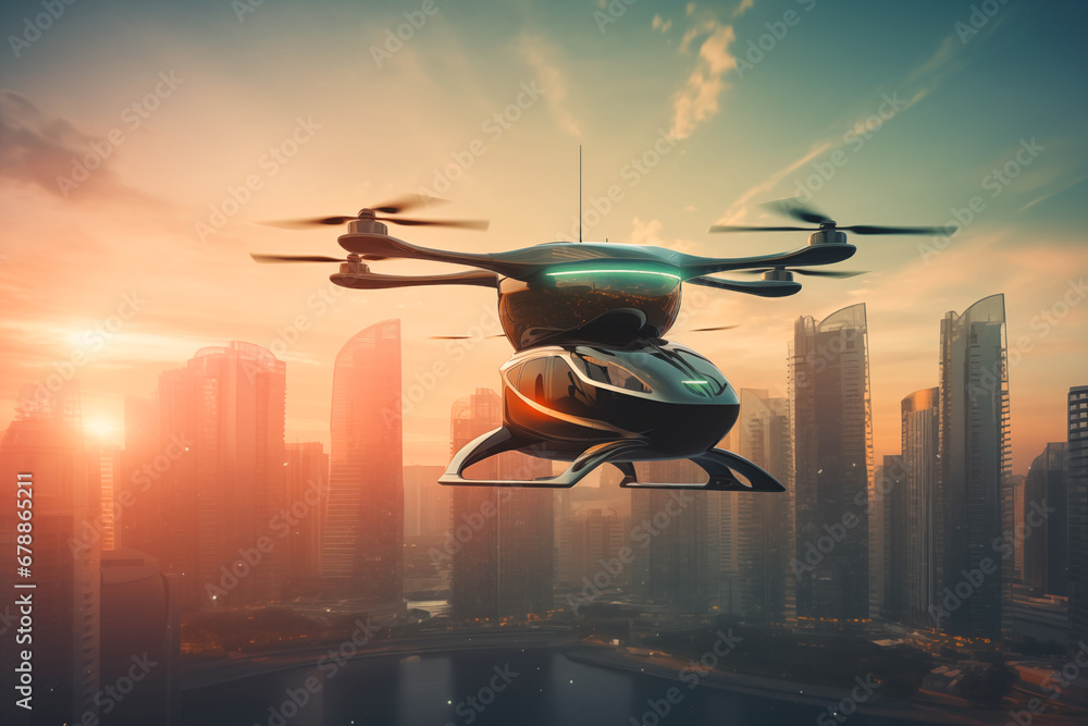 Flying car in sky. Electric air car flight above a cityscape. Future ...