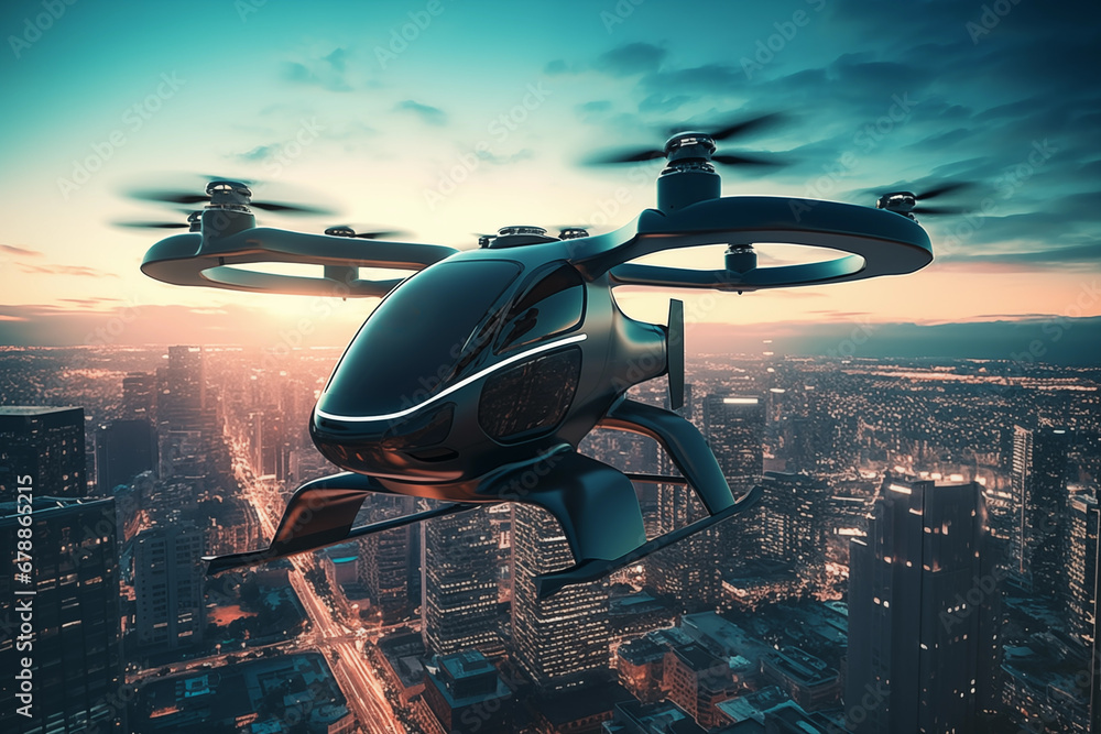 Flying car in sky. Electric air car flight above a cityscape. Future ...