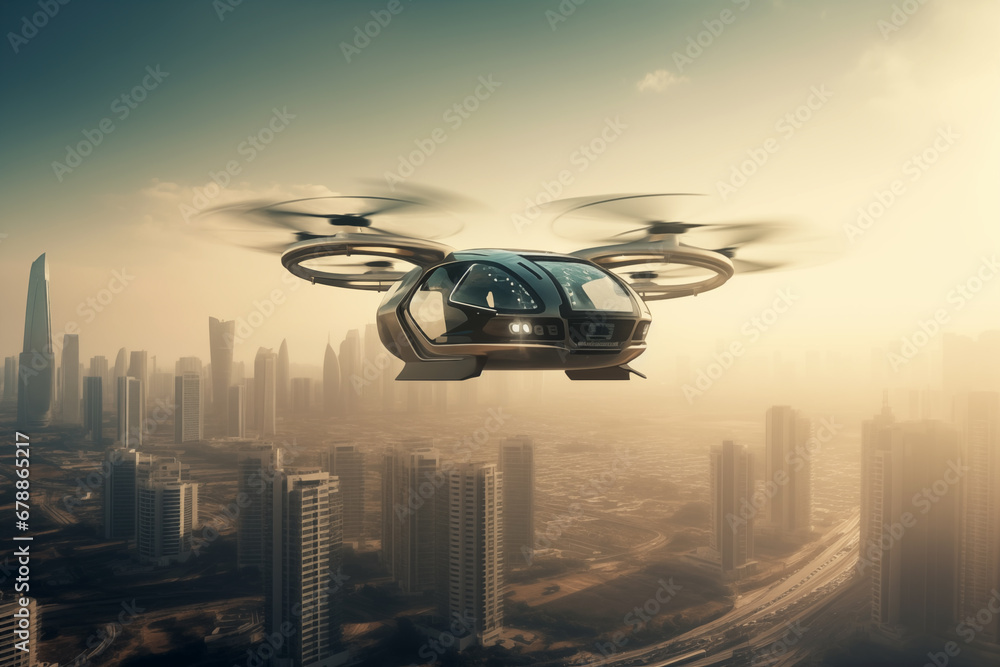 Flying car in sky. Electric air car flight above a cityscape. Future ...