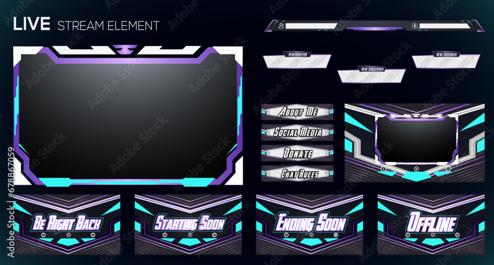 live gaming stream blue light neon set of overlay, facecam, alert and ...