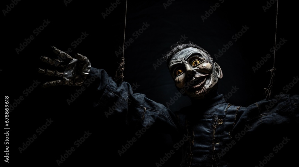 Scary puppet reaching out with the arm isolated on black background ...