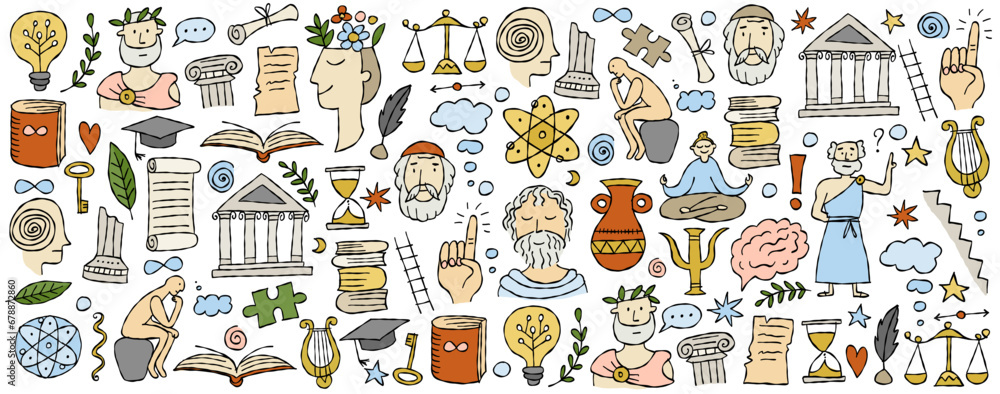 Philosophy concept art, hand-drawn philosophers and elements ...