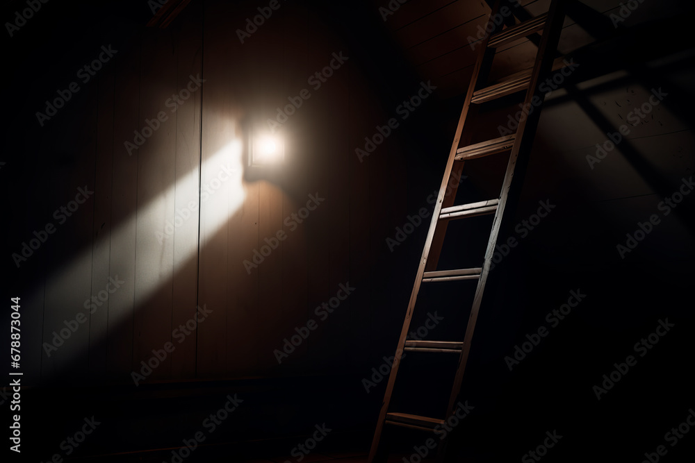 Empty room with a ladder under beams of light. Wooden ladder in a dark ...