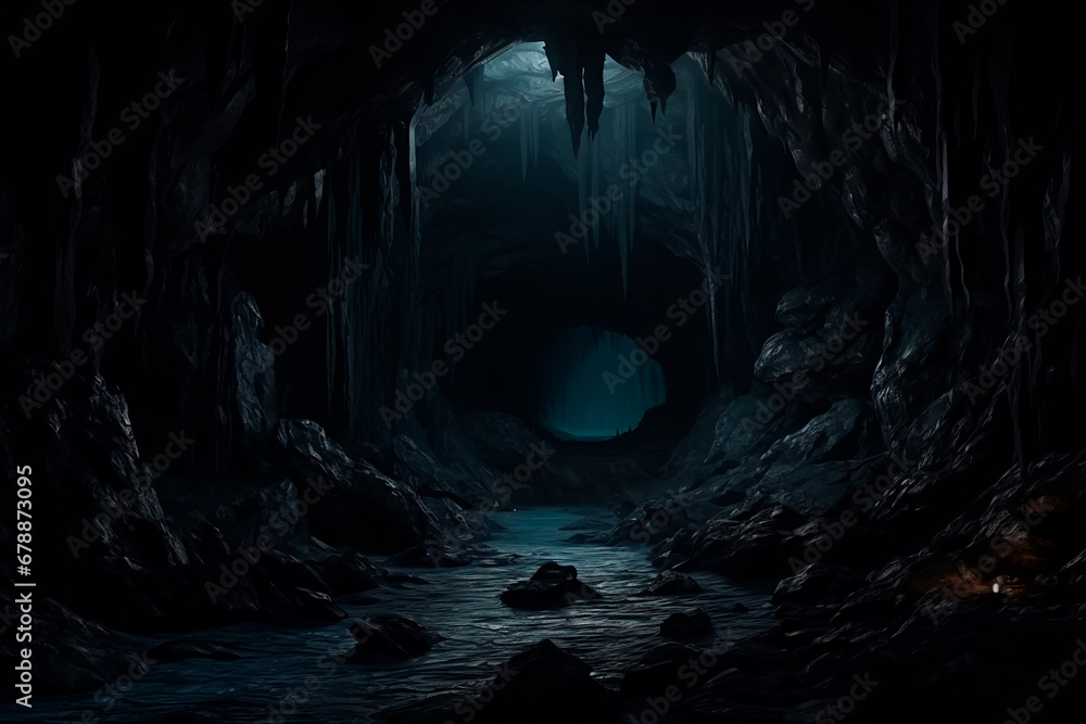 Creepy black cave in the middle of the forest. Eerie atmosphere inside ...