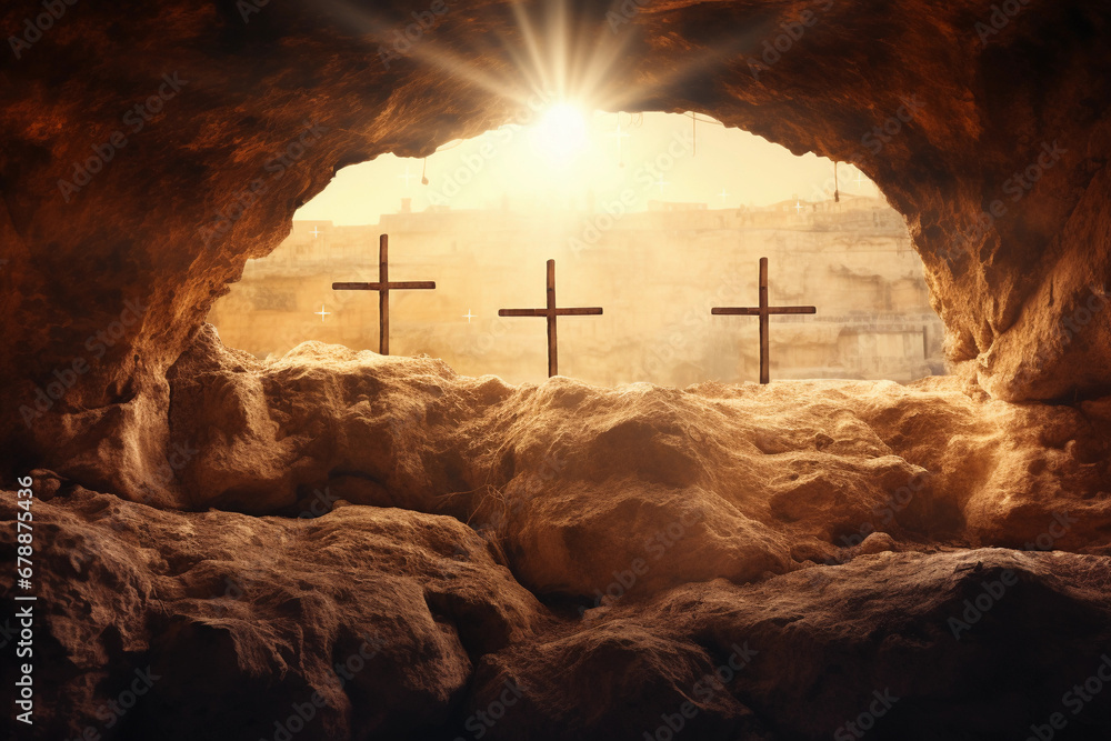 Three crosses on a hill from Empty tomb cave. Concept of Jesus ...