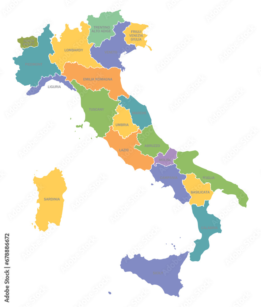 Colorful vector silhouette cartography map of Italian political borders ...