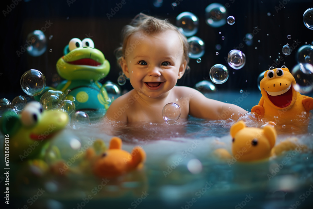 Smiling happy baby bathing in a bubble bath with bath toys. Rubber frog ...