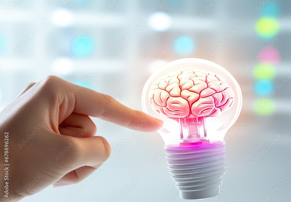 A lightbulb with a glowing brain inside. Conceptual visualization of ...