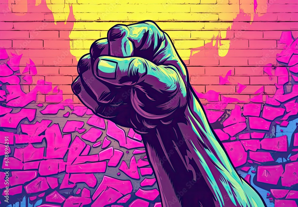 A clenched fist is raised upward. A symbol of protest, rebellion and ...