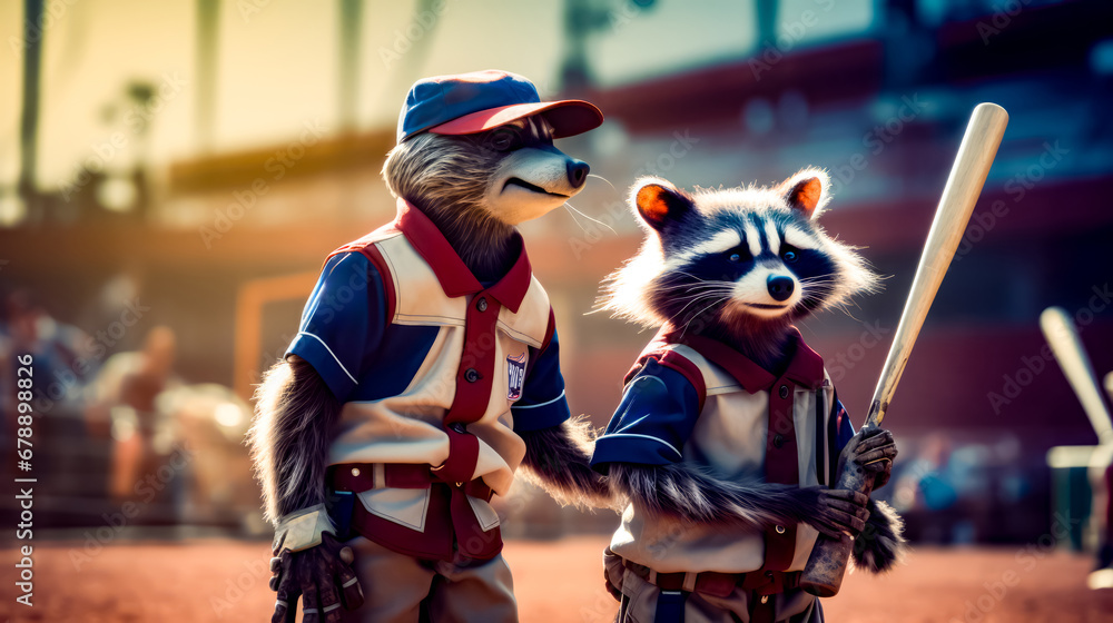 Couple of raccoons standing next to each other on field. Stock Photo ...